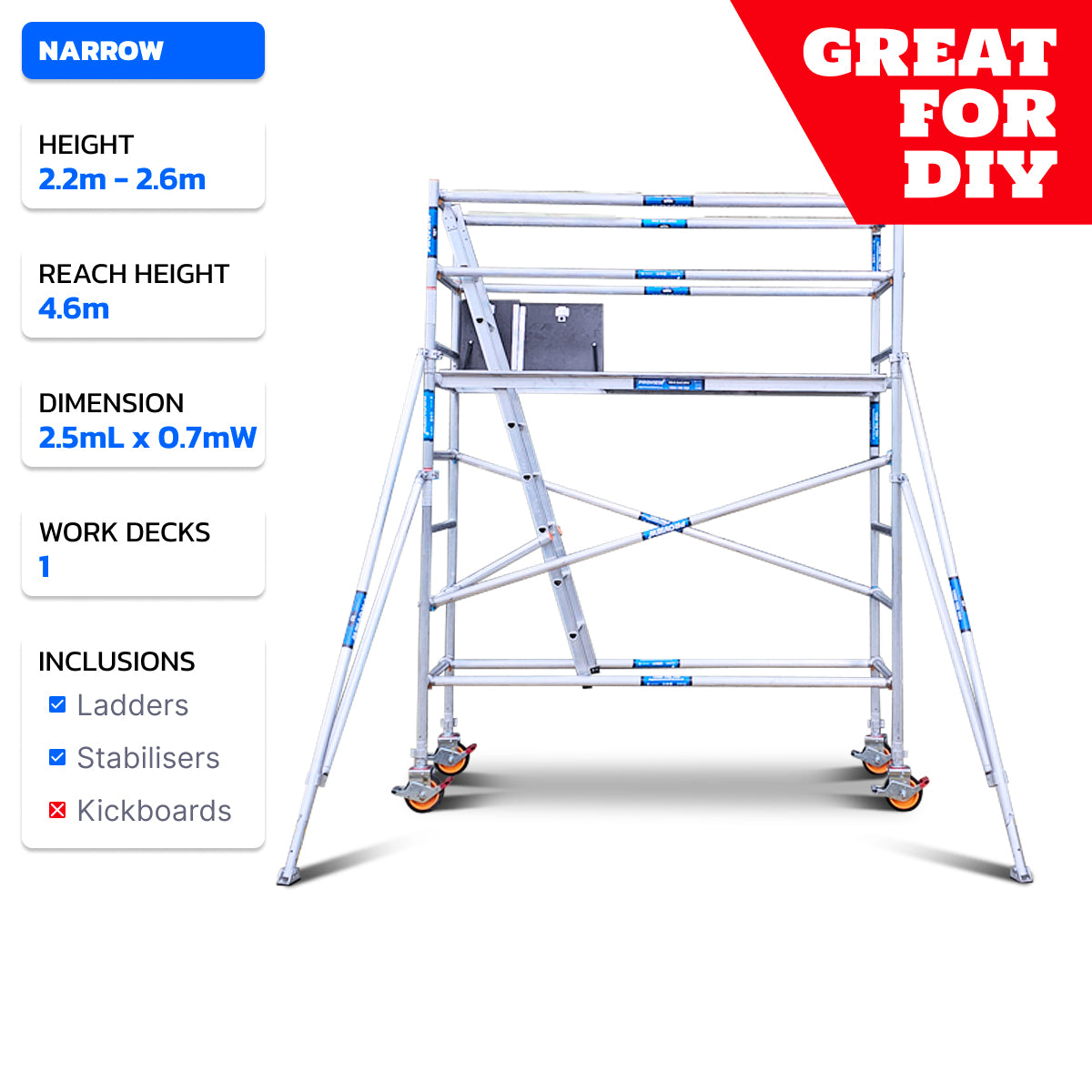 2.2m - 2.6m Narrow Aluminium Mobile Scaffold Tower